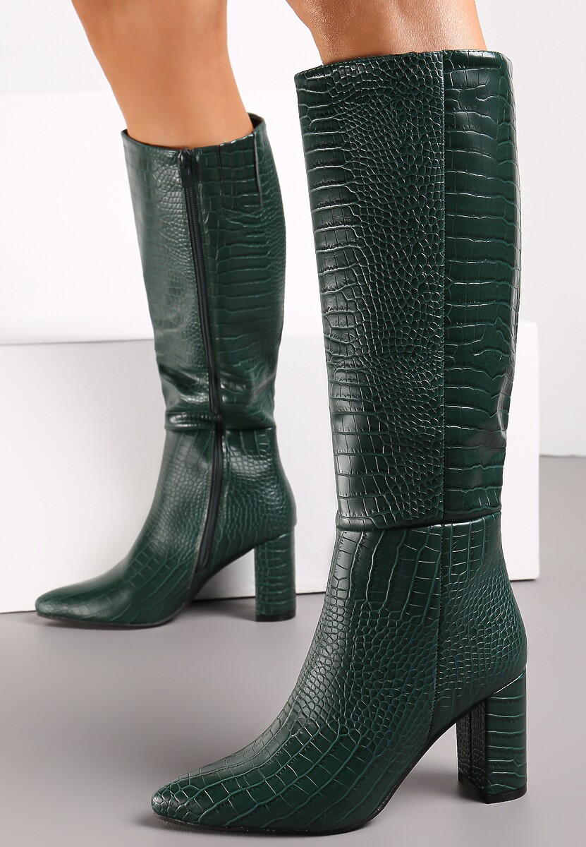 Zielone Kozaki na Słupku z Tłoczeniem Skóry Krokodyla Chonga - Renee
