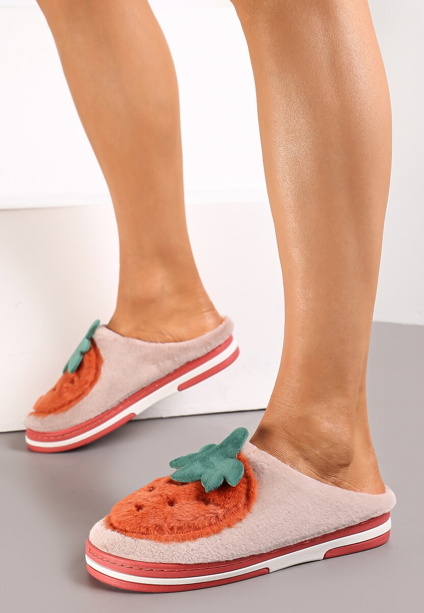Pomarańczowe Kapcie Futrzane z Truskawką Beatrisa - Renee