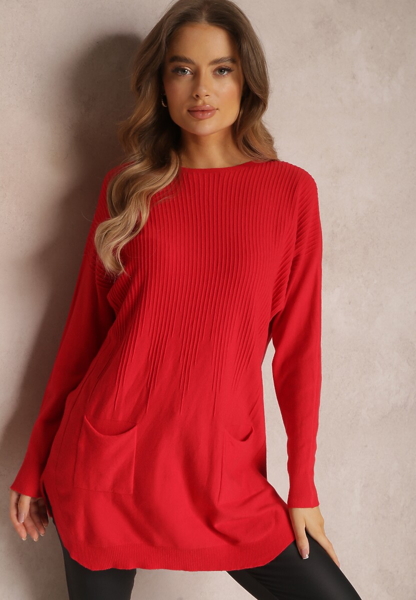 Czerwony Sweter z Naszytymi Kieszeniami Vezara - Renee