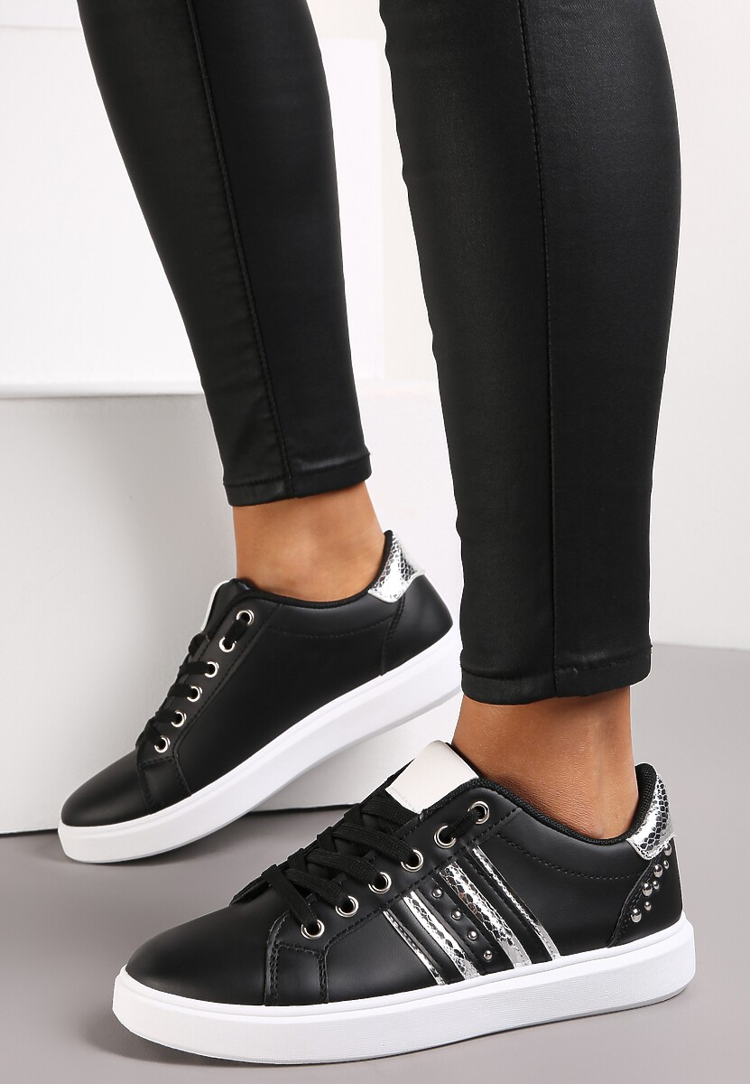 Czarne Wiązane Sneakersy z Nitami i Przeszyciami Toott - Renee