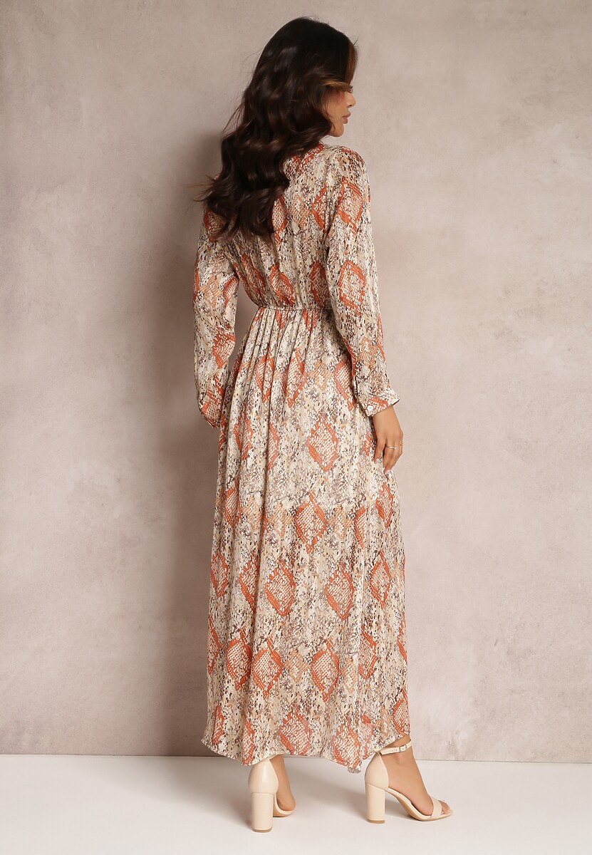 Beżowa Rozkloszowana Sukienka z Błyszczącą Nitką i Sznurkiem Fornid - Renee