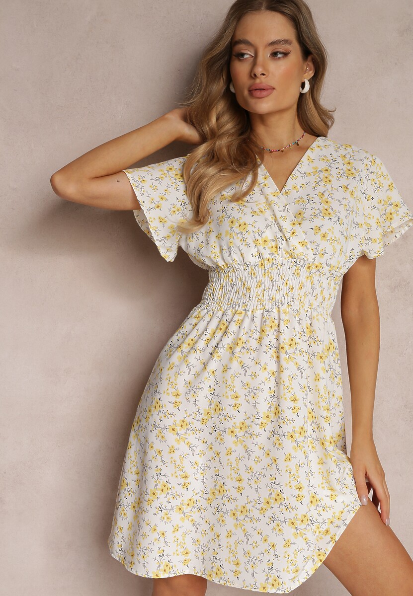 Beżowa Rozkloszowana Sukienka z Gumką w Pasie Heffah - Renee