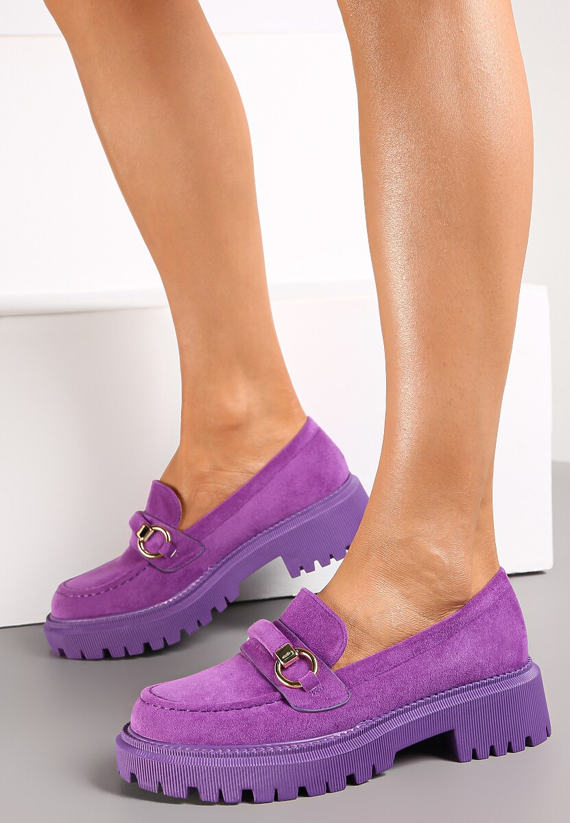 Fioletowe Mokasyny na Płaskiej Podeszwie z Wycięciami z Ozdobnym ...