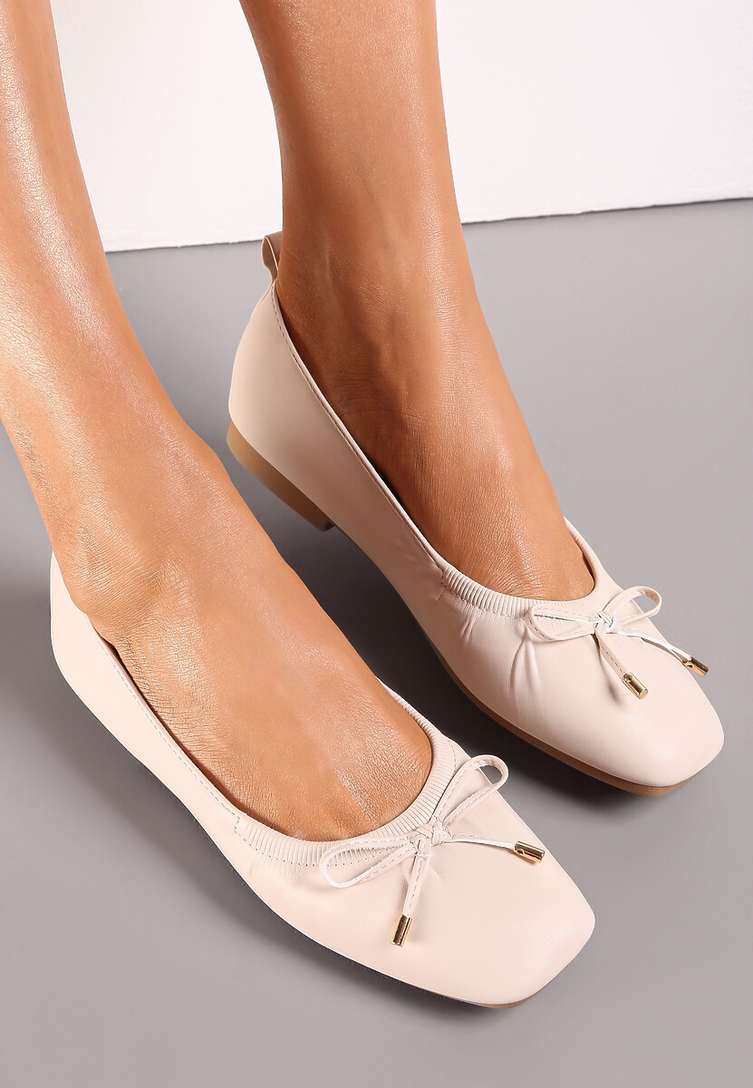 Beżowe Wsuwane Balerinki z Kokardką i Kwadratowym Noskiem Obetia - Renee