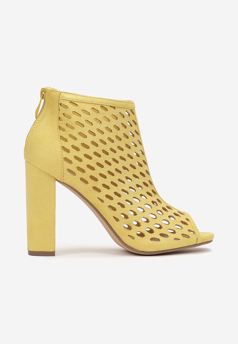 Żółte Ażurowe Botki Peep Toe na Wysokim Słupku z Suwakiem i Odkrytym ...
