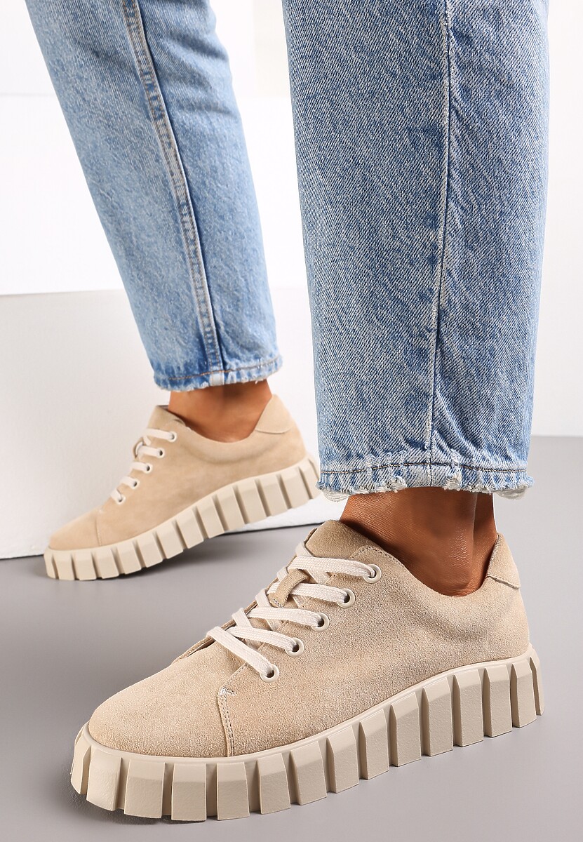 Beżowe Sneakersy Sznurowane na Platformie z Wkładką ze Skóry Naturalnej ...
