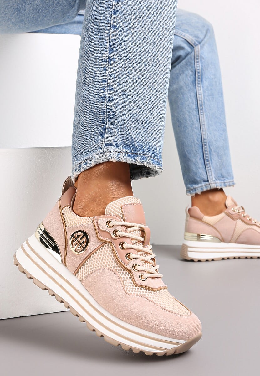 Różowe Sneakersy na Ozdobnej Podeszwie z Wkładką ze Skóry Naturalnej ...