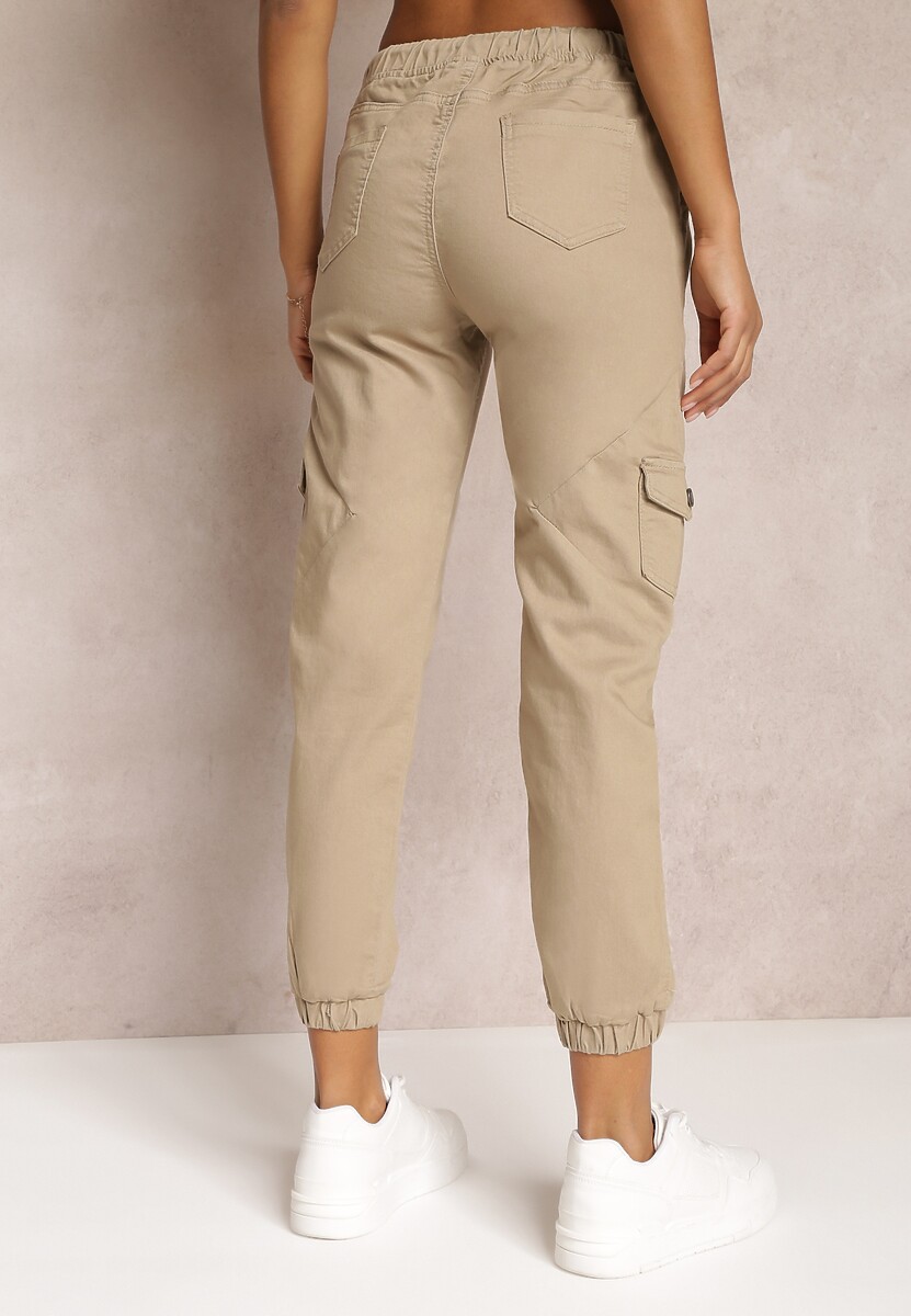 Beżowe Spodnie Joggery z Dużymi Kieszeniami i Gumką w Pasie Helyana - Renee
