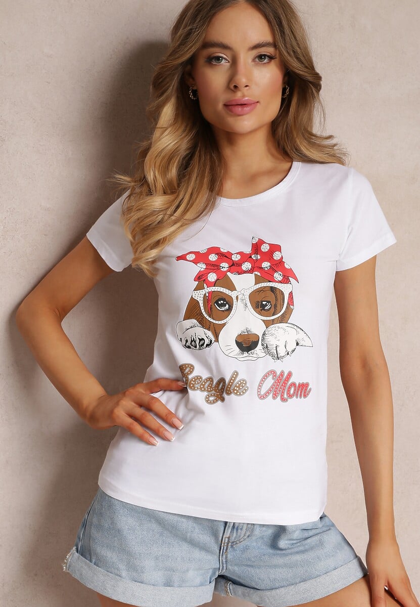 Biały T-shirt z Krótkim Rękawem i Nadrukiem Lintha - Renee