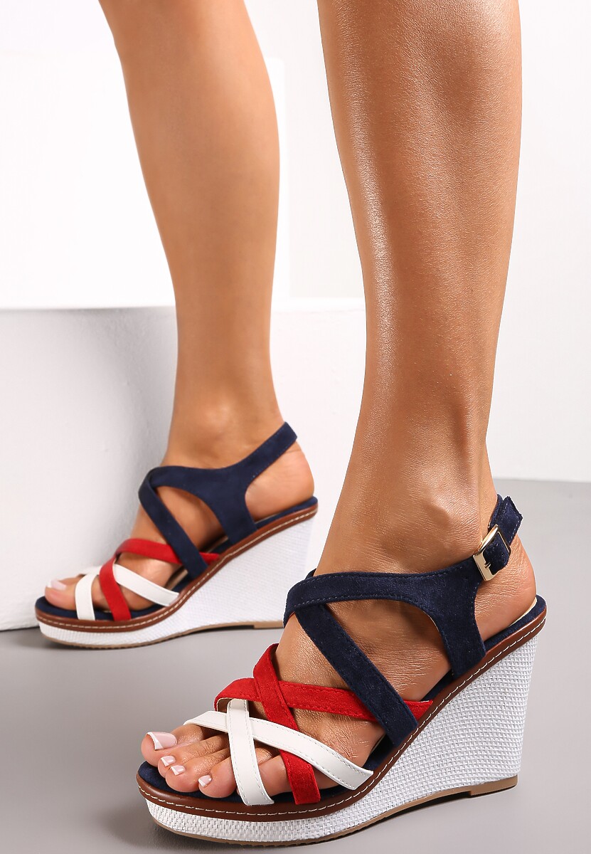 Granatowe Sandały na Koturnie z Paskami z Imitacji Zamszu Addysen - Renee