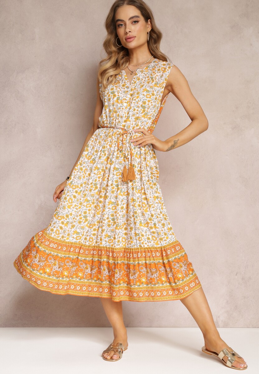 Żółta Sukienka Midi w Kwiaty z Paskiem z Materiału i Guzikami Devanie ...