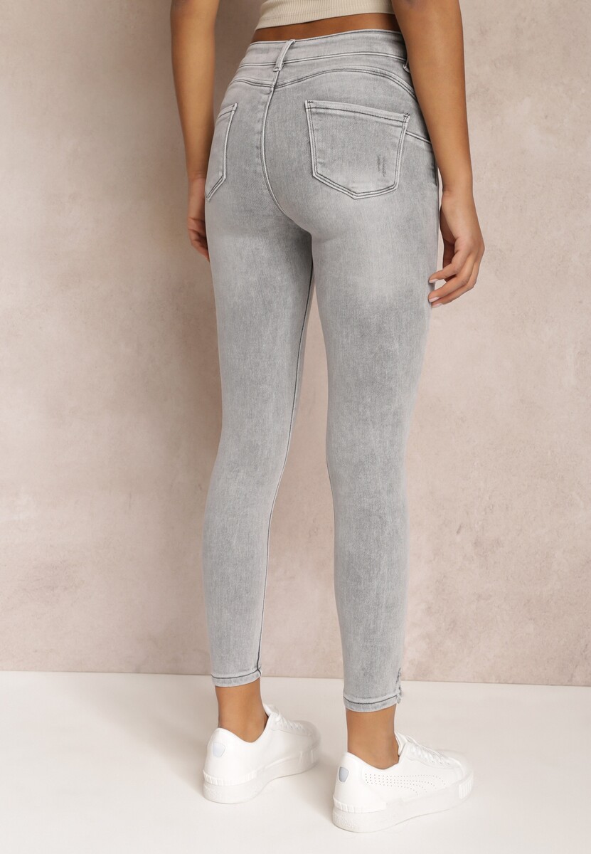 Szare Jeansy Skinny z Dziurami i Dodatkowym Paskiem z Łańcuszkiem ...