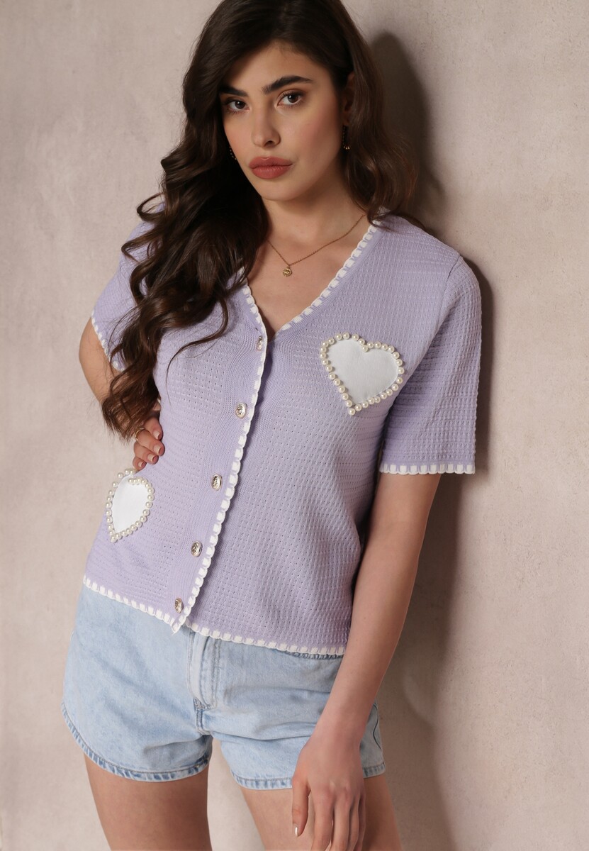 Fioletowy Kardigan z Ozdobnymi Sercami Zdobionymi Perełkami z Wiskozy Afina - Renee