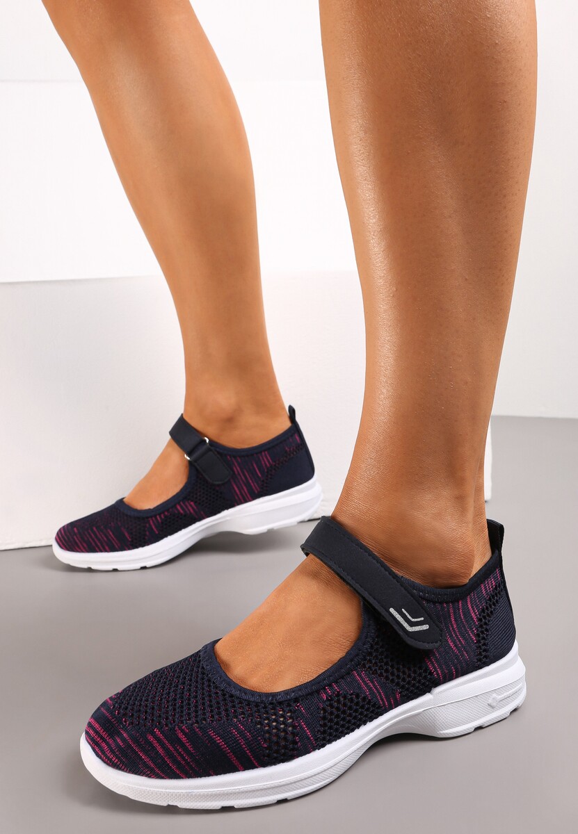 Granatowe Płaskie Tenisówki Zapinane na Pasek z Rzepem Laile - Renee