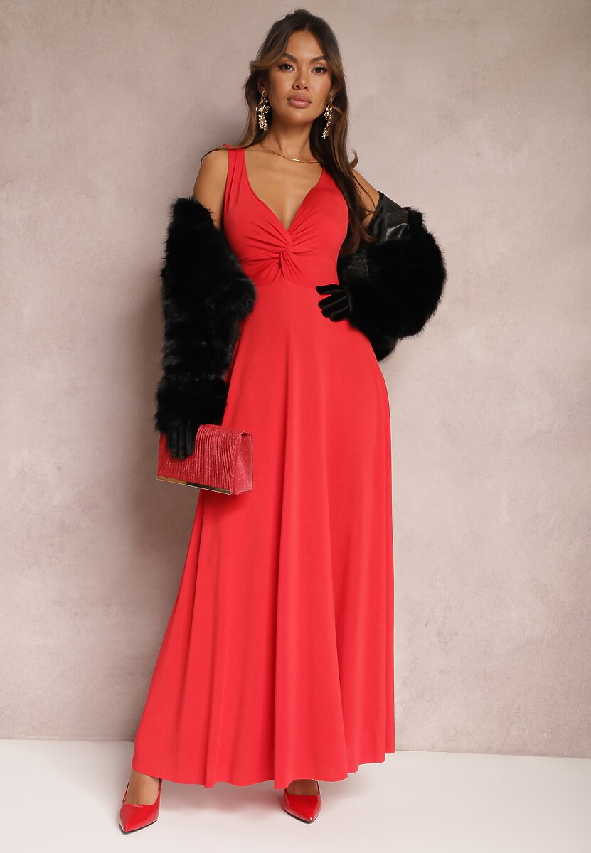 Czerwona Tiulowa Sukienka bez Ramiączek z Falbankami Tremone - Renee