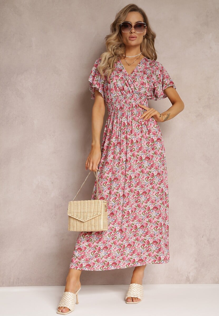 Różowa Kopertowa Sukienka Maxi z Gumką w Talii z Wiskozy w Kwiaty ...