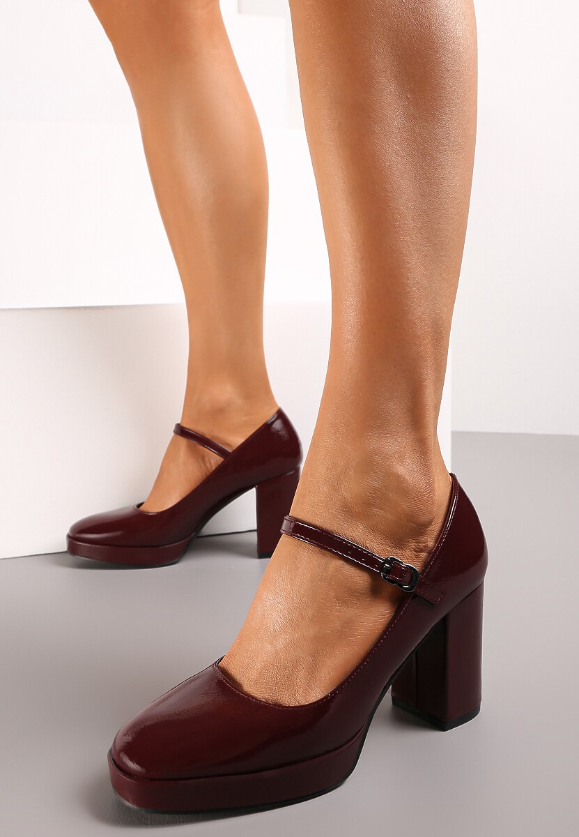 Bordowe Czółenka na Słupku i Niskiej Platformie z Paskiem Kemra - Renee