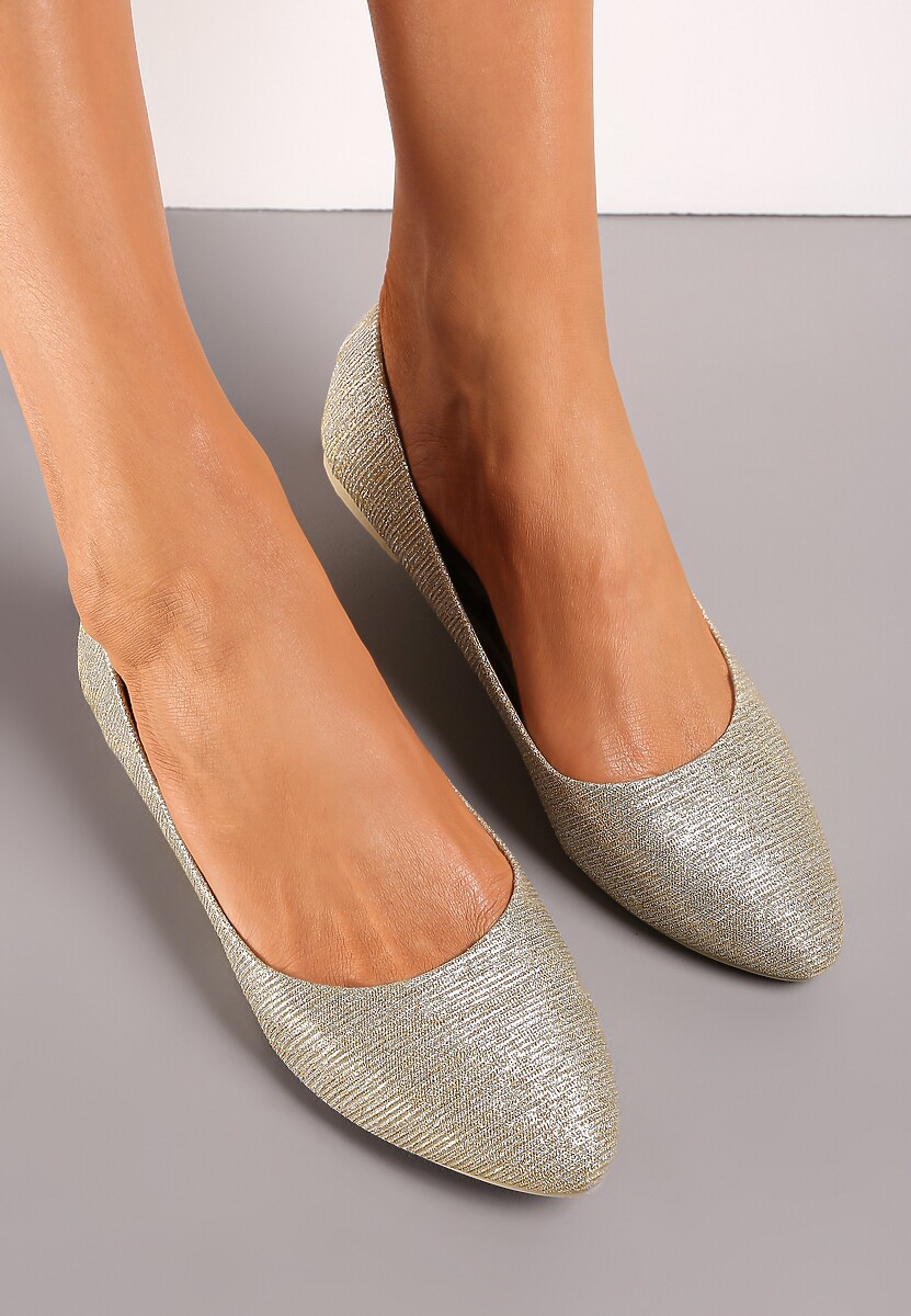 Złote Płaskie Balerinki Ozdobione Brokatem Kinlynn - Renee