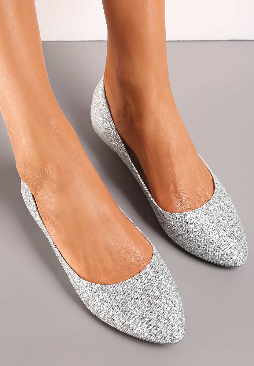 Srebrne Płaskie Balerinki Ozdobione Brokatem Kinlynn - Renee