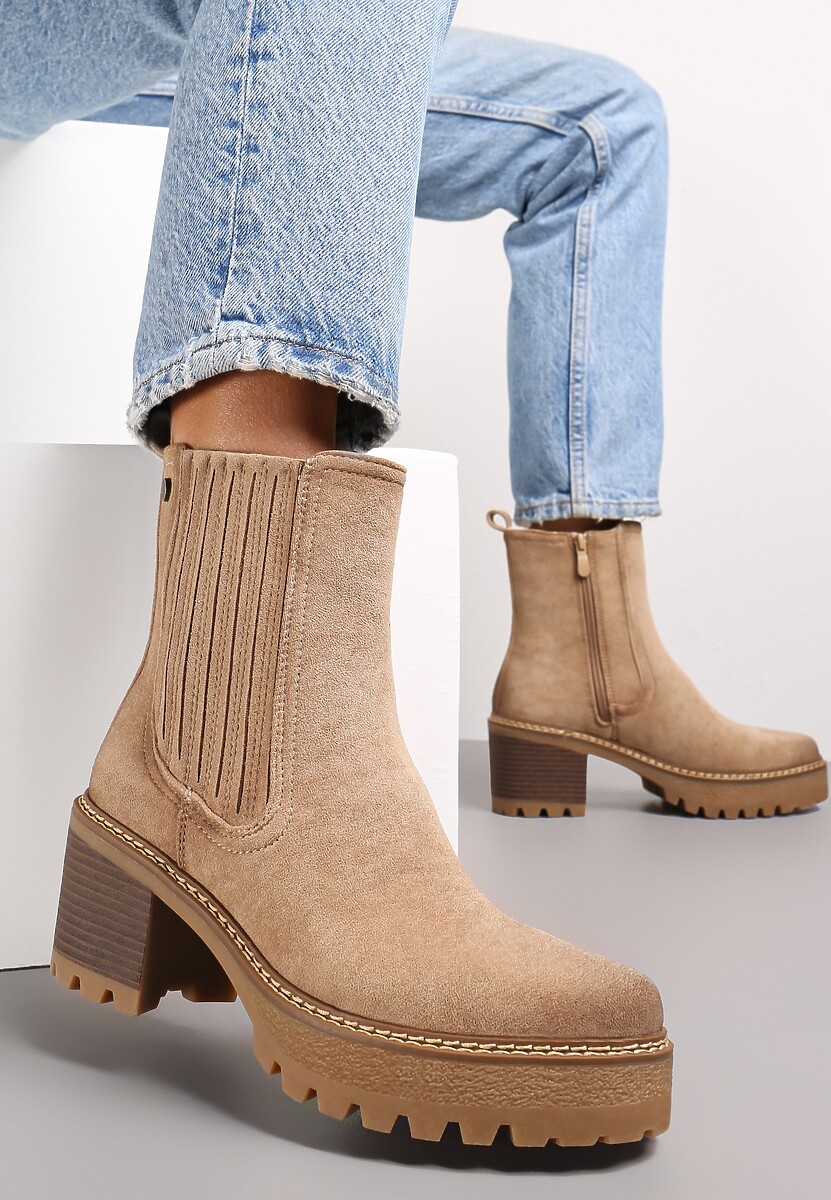 Beżowe Botki na Obcasie w Stylu Boho z Elastyczną Wstawką Eluzer - Renee