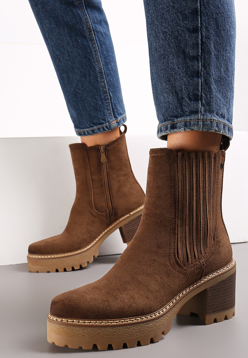 Brązowe Botki na Obcasie w Stylu Boho z Elastyczną Wstawką Eluzer - Renee