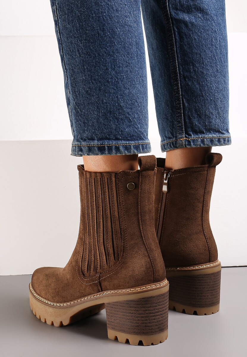 Brązowe Botki na Obcasie w Stylu Boho z Elastyczną Wstawką Eluzer - Renee