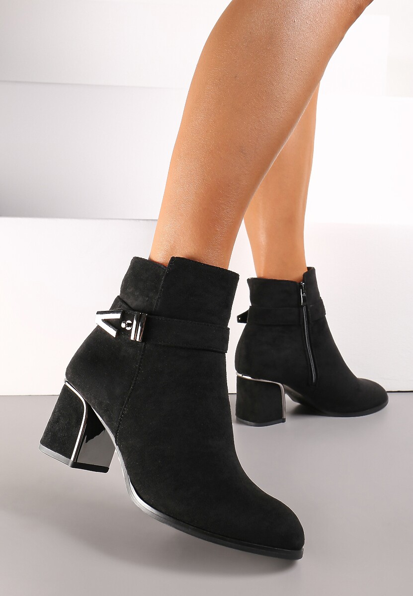 Czarne Botki z Imitacji Zamszu z Metalicznym Wstawkami na Cholewce i ...