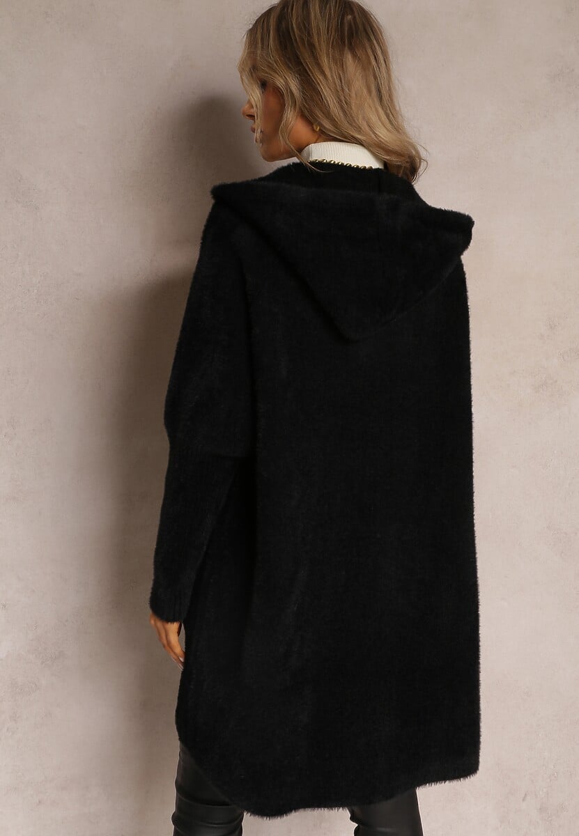 Czarny Długi Kardigan Zapinany na Zamek Błyskawiczny z Kieszeniami i ...