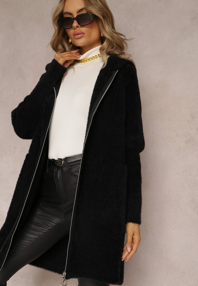 Czarny Długi Kardigan Zapinany na Zamek Błyskawiczny z Kieszeniami i ...