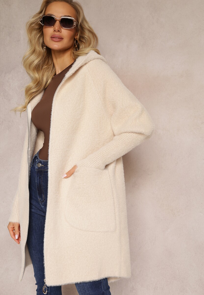 Beżowy Długi Kardigan Zapinany na Zamek Błyskawiczny z Kieszeniami i ...