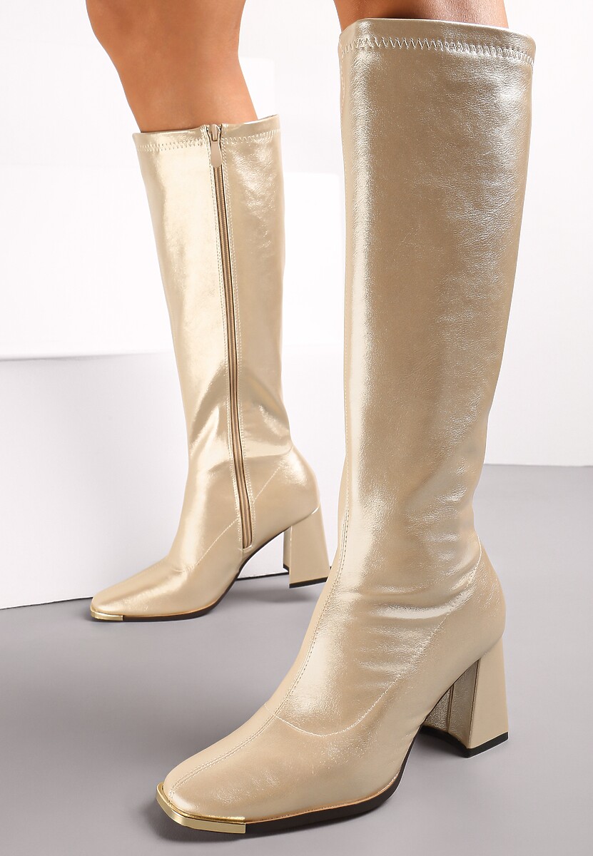 Złote Kozaki na Obcasie z Metalicznym Kwadratowym Noskiem Osilvam - Renee