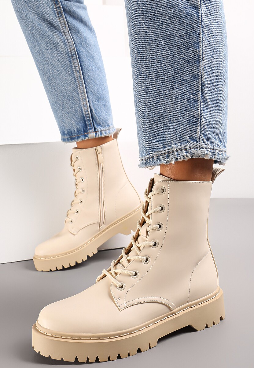 Beżowe Sznurowane Botki Workery Nalita - Renee