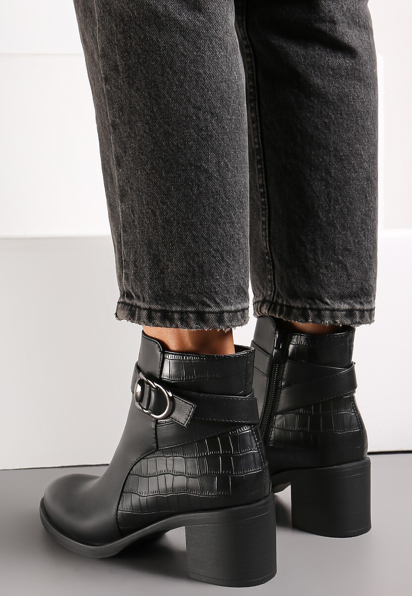 Czarne Botki na Niskim Słupku z Klamerką Leanetta - Renee