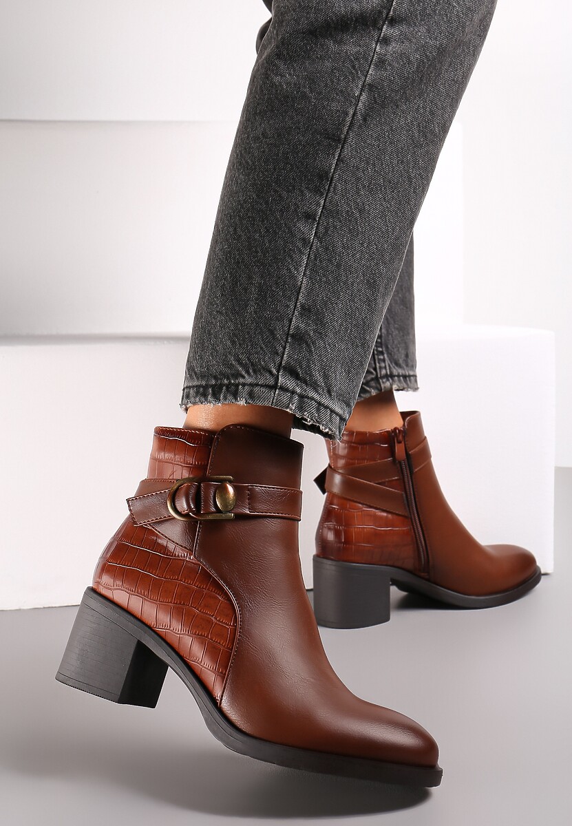 Brązowe Botki na Niskim Słupku z Klamerką Leanetta - Renee