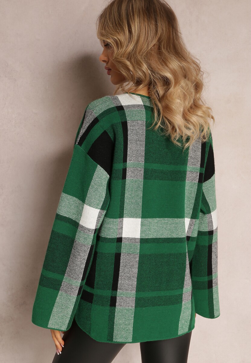 Zielony Luźny Sweter o Klasycznym Fasonie w Kratę Barami - Renee