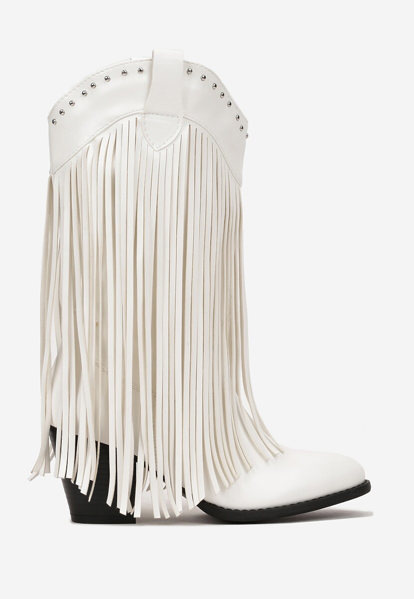 Białe Kowbojki Kozaki na Słupku Ozdobione Długimi Frędzlami Neves - Renee