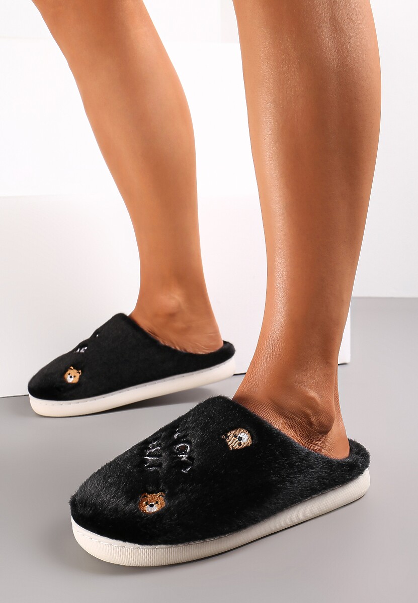 Czarne Kapcie z Futerka z Haftowanymi Naszywkami Humine - Renee