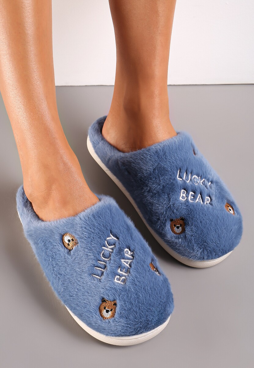 Niebieskie Kapcie z Futerka z Haftowanymi Naszywkami Humine - Renee