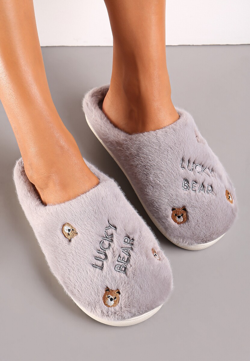 Szare Kapcie z Futerka z Haftowanymi Naszywkami Humine - Renee