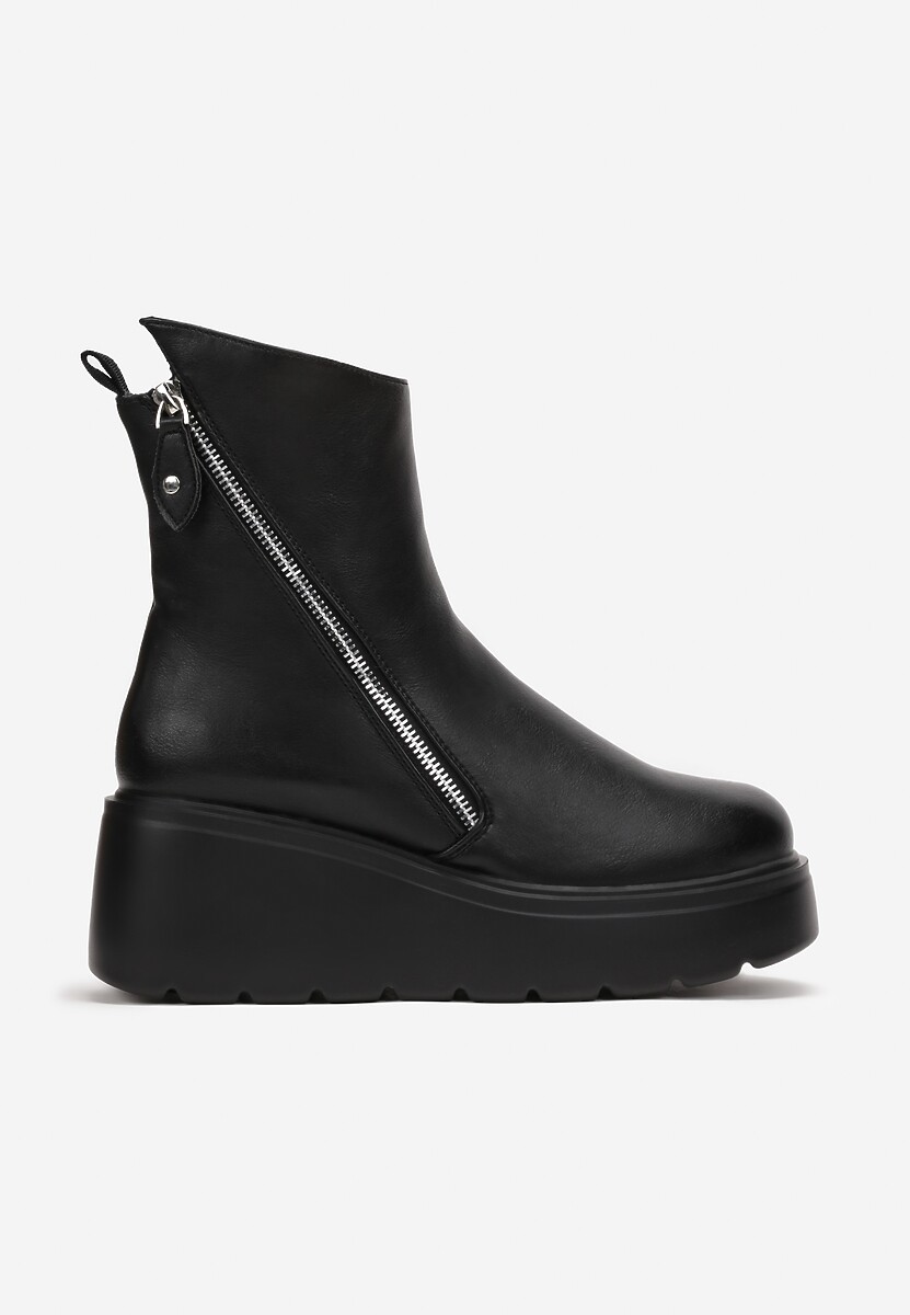 Czarne Botki Ozdobione Asymetrycznym Suwakiem na Platformie i Koturnie ...