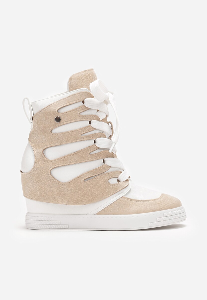 Beżowe Sznurowane Sneakersy na Ukrytym Koturnie z Ozdobnymi Wycięciami ...