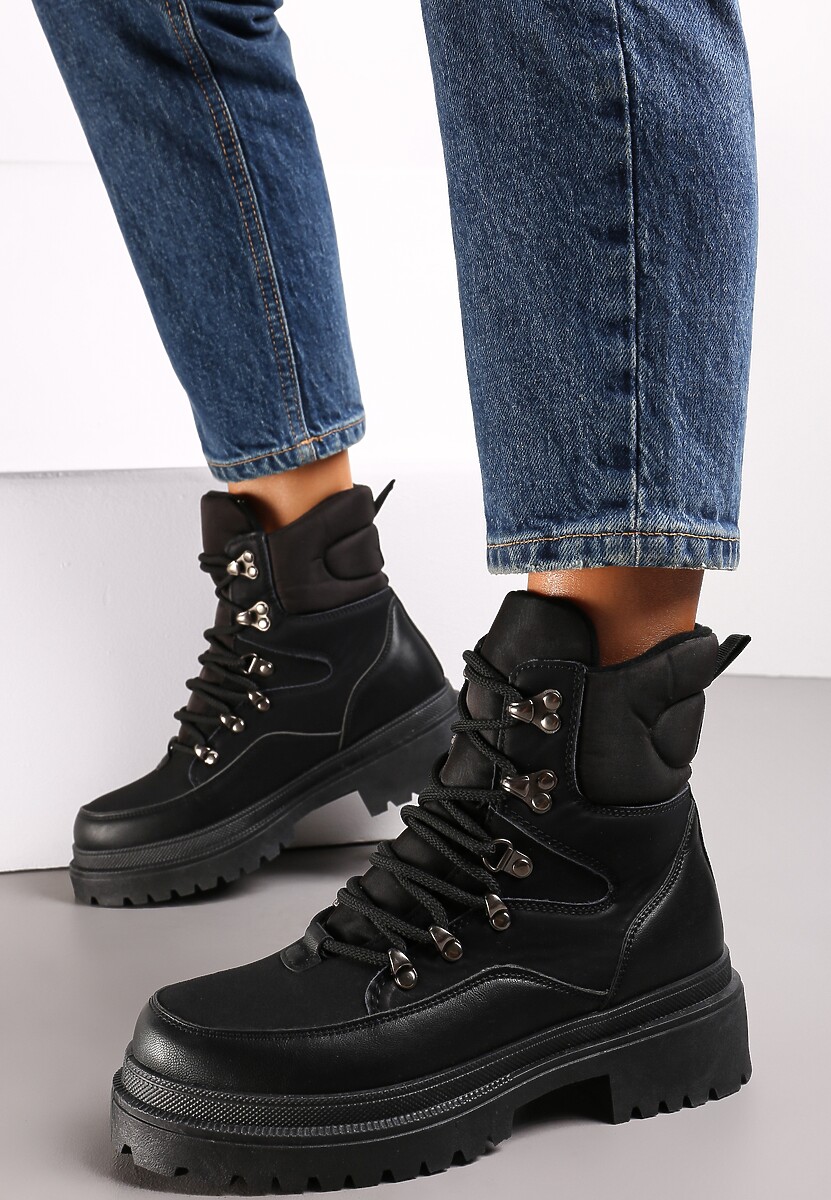 Czarne Płaskie Traperki za Kostkę z Protektorem i Przeszyciami na ...