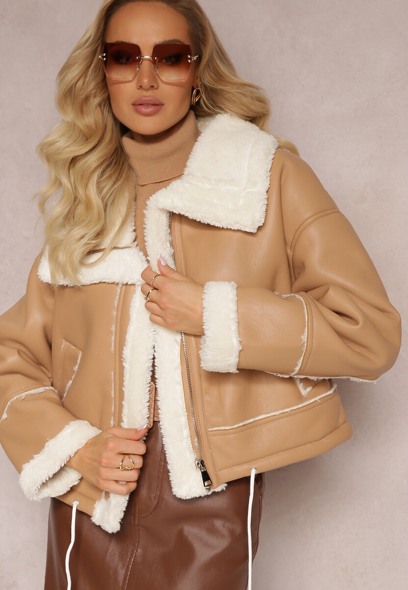 Jasnobrązowa Kurtka Pilotka z Kożuszkiem Feditia - Renee