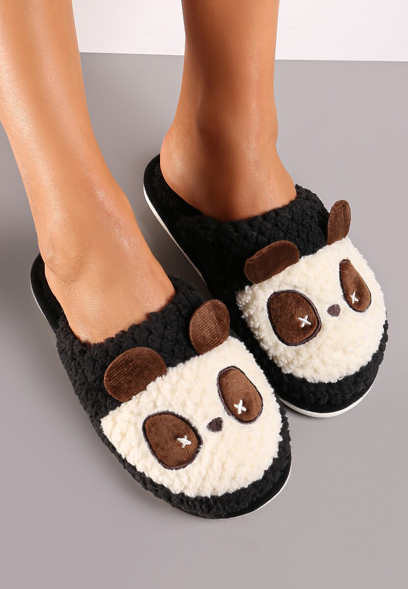 Czarne Kapcie z Naszywką Misia Aginner - Renee