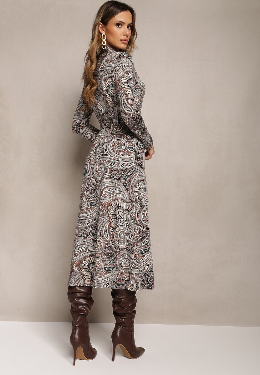 Jasnobrązowa Rozkloszowana Sukienka Koszulowa we Wzór Paisley i Wiązanym Paskiem Redise - Renee