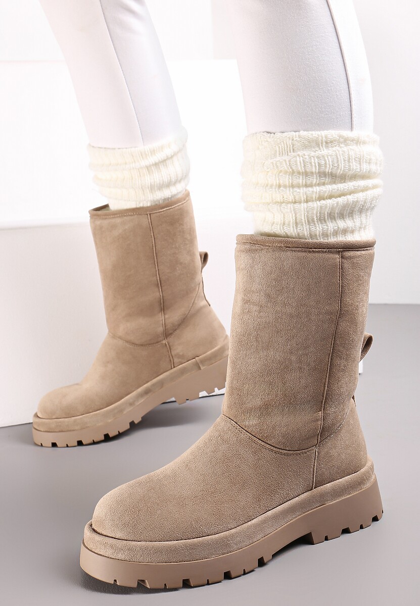 Ciemnobeżowe Śniegowce za Kostkę na Grubej Podeszwie Marnelia - Renee