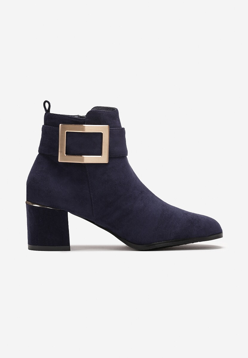 Granatowe Botki na Słupku z Ozdobną Klamerką Lisabe - Renee