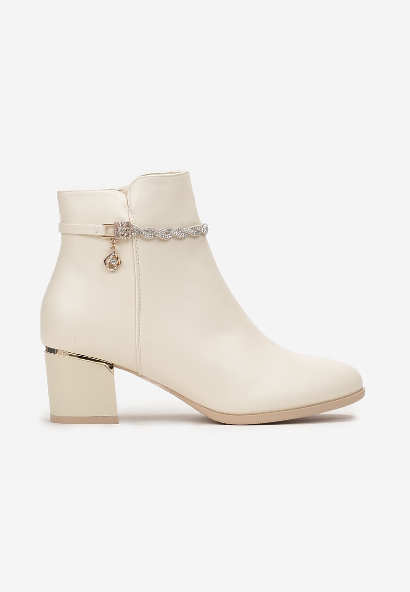 Beżowe Botki na Obcasie z Zawieszką i Biżuteryjnym Łańcuszkiem Awisha ...