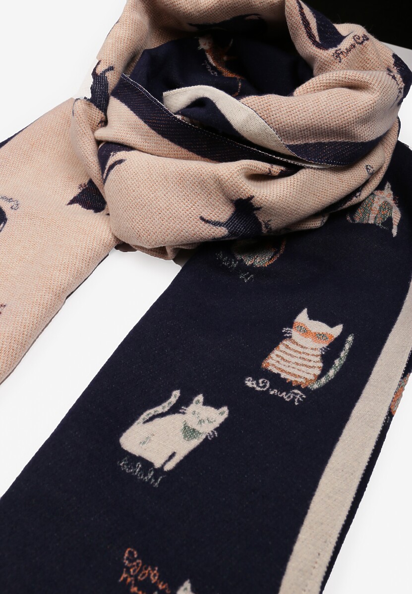 Granatowo-Beżowy Prostokątny Szalik w Koty z Bawełny i Wiskozy Hilttas - Renee