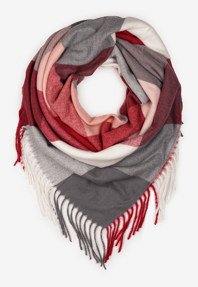 Bordowy Szalik z Bawełny i Wiskozy Kwadratowy w Kratę Fasse - Renee